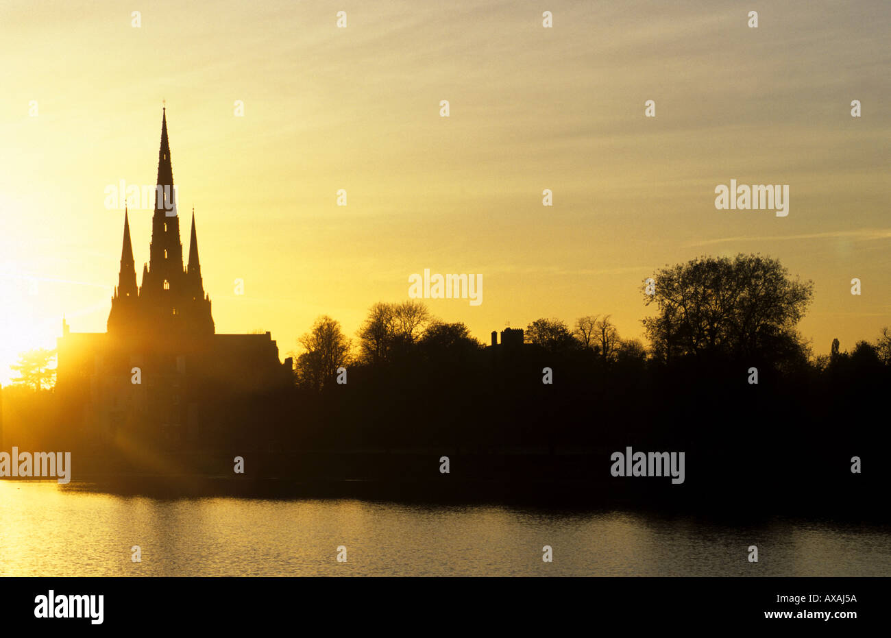 Lichfield Cathedral and Stowe Pool at sunset, Staffordshire, England ...