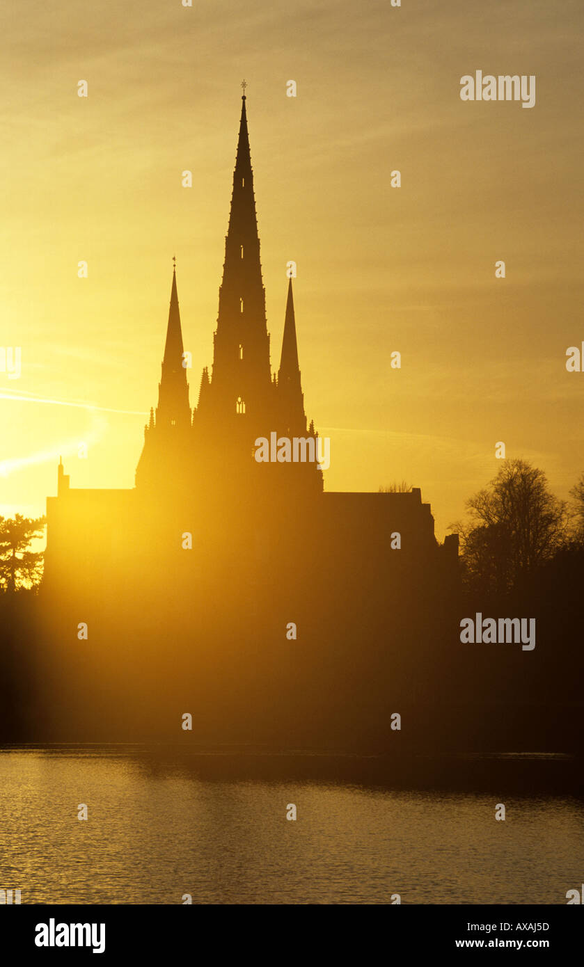 Lichfield Cathedral and Stowe Pool at sunset, Staffordshire, England ...