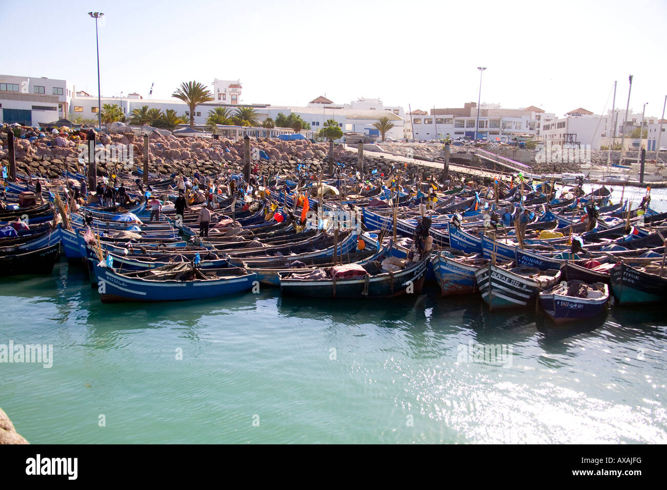 Agadir fishing port, Morocco, North West Africa. Blue Fishing boats in ...