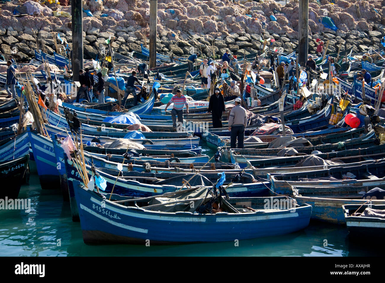 Agadir fishing port, Morocco, North West Africa. Blue Fishing boats in ...