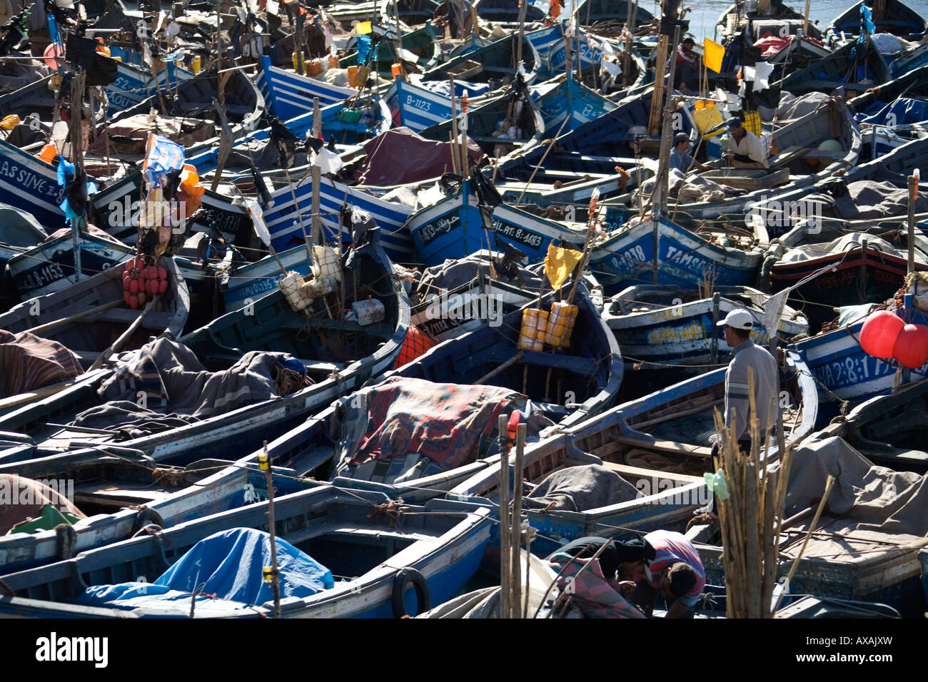 Agadir fishing port, Morocco, North West Africa. Blue Fishing boats in ...