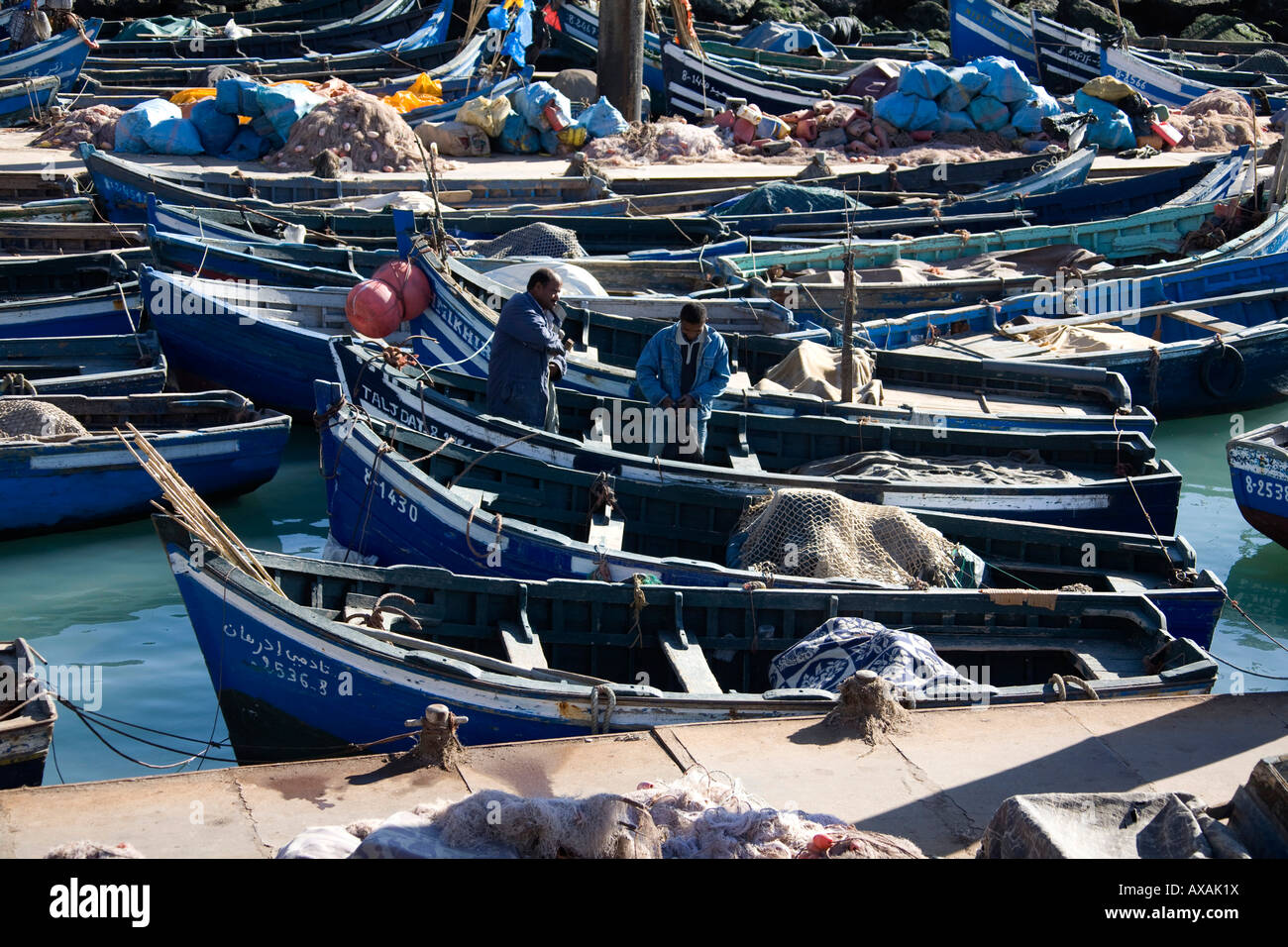 Agadir fishing port, Morocco, North West Africa. Blue Fishing boats in ...