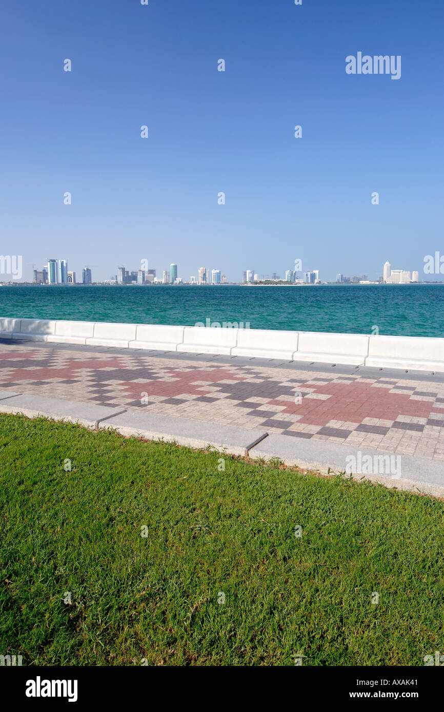 A view of the corniche and the hotels along west bay in Doha, Qatar ...