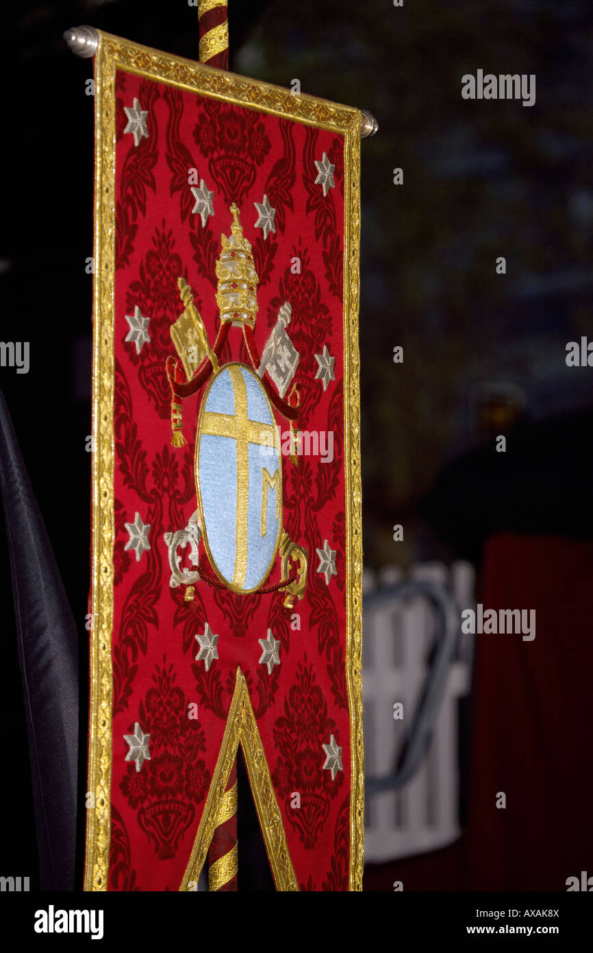 Banner pennant at the Semana Santa parade march Malaga City, Costa del ...