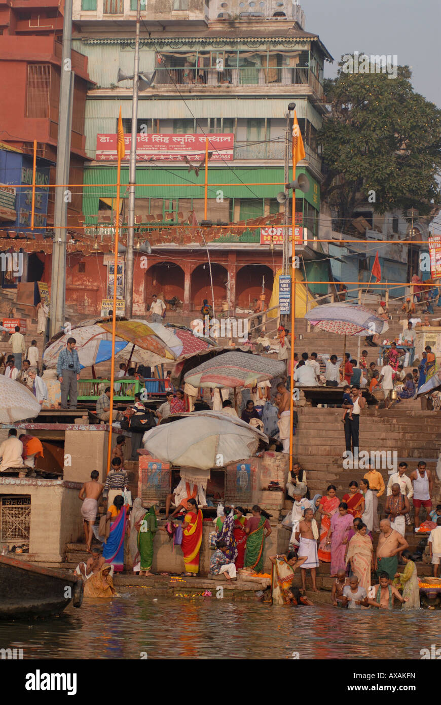 Hindu's Bathing in the Holy Ganges River at Sunrise at the Kedar Ghat ...