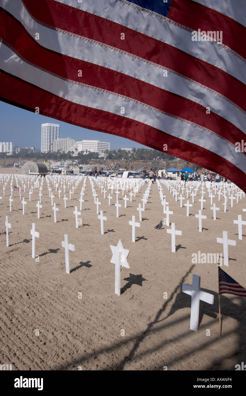Flag and crosses on the beach in Santa Monica, California Stock Photo ...