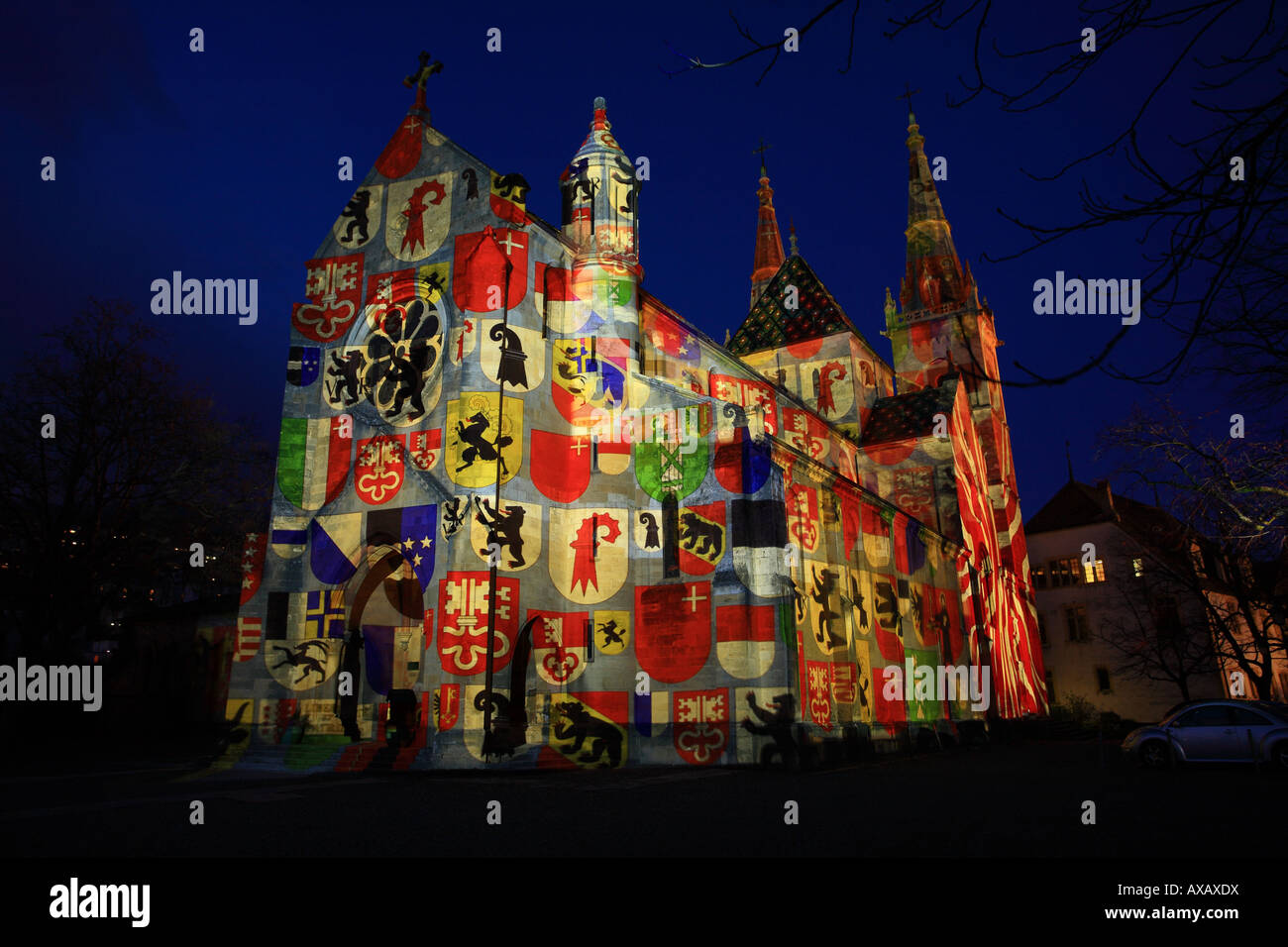 Collegiale of Neuchatel illuminated for the Euro 2008 football Stock ...