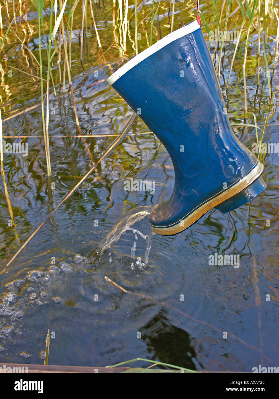 PR old rubber boot hunging at fishing rod Stock Photo - Alamy