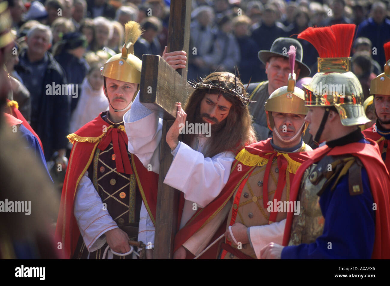 Jesus Christ played by a priest carrying the Cros, The Mystery of the ...