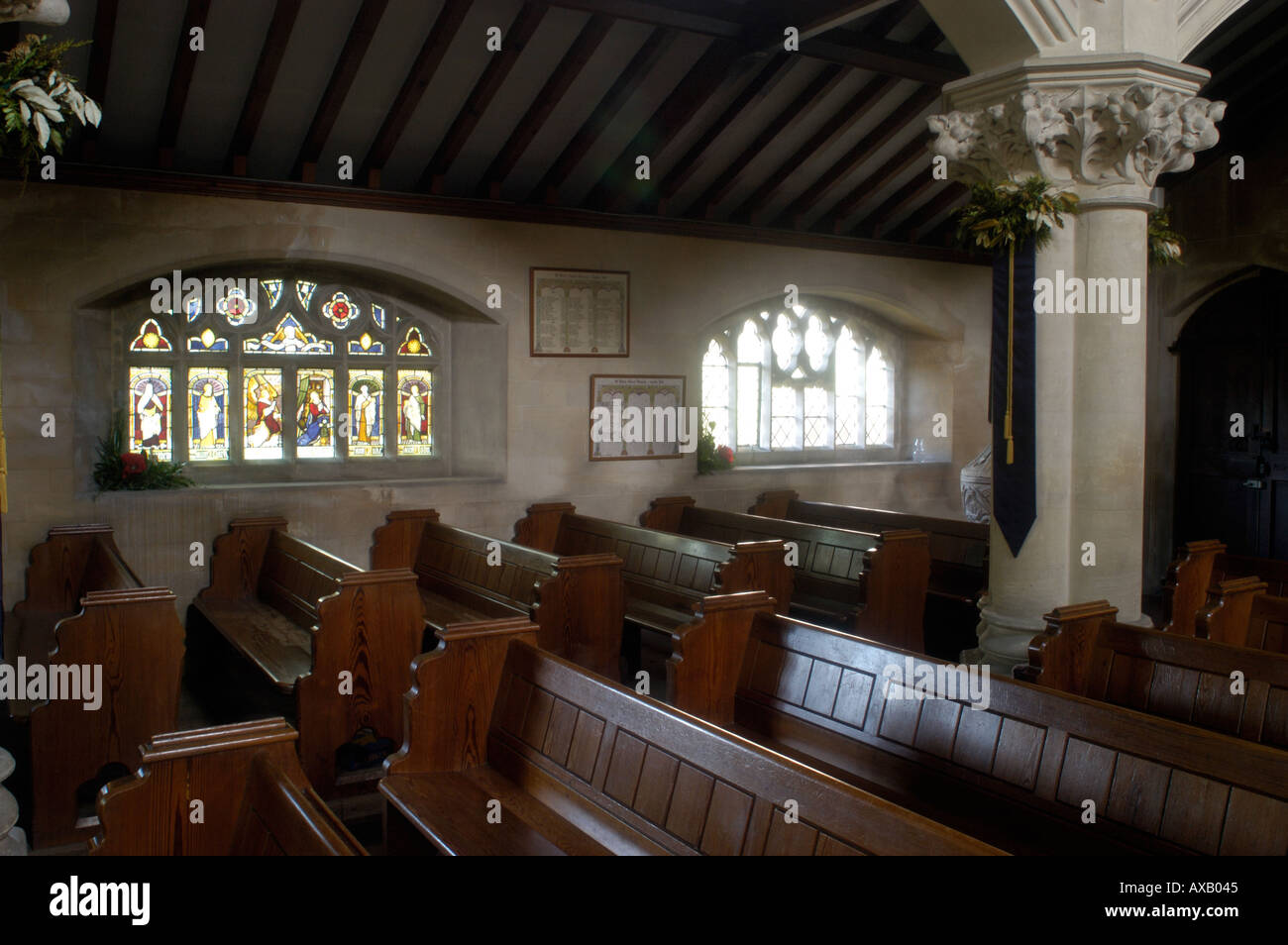 Church Interior with pews and stained-glass windows Stock Photo - Alamy