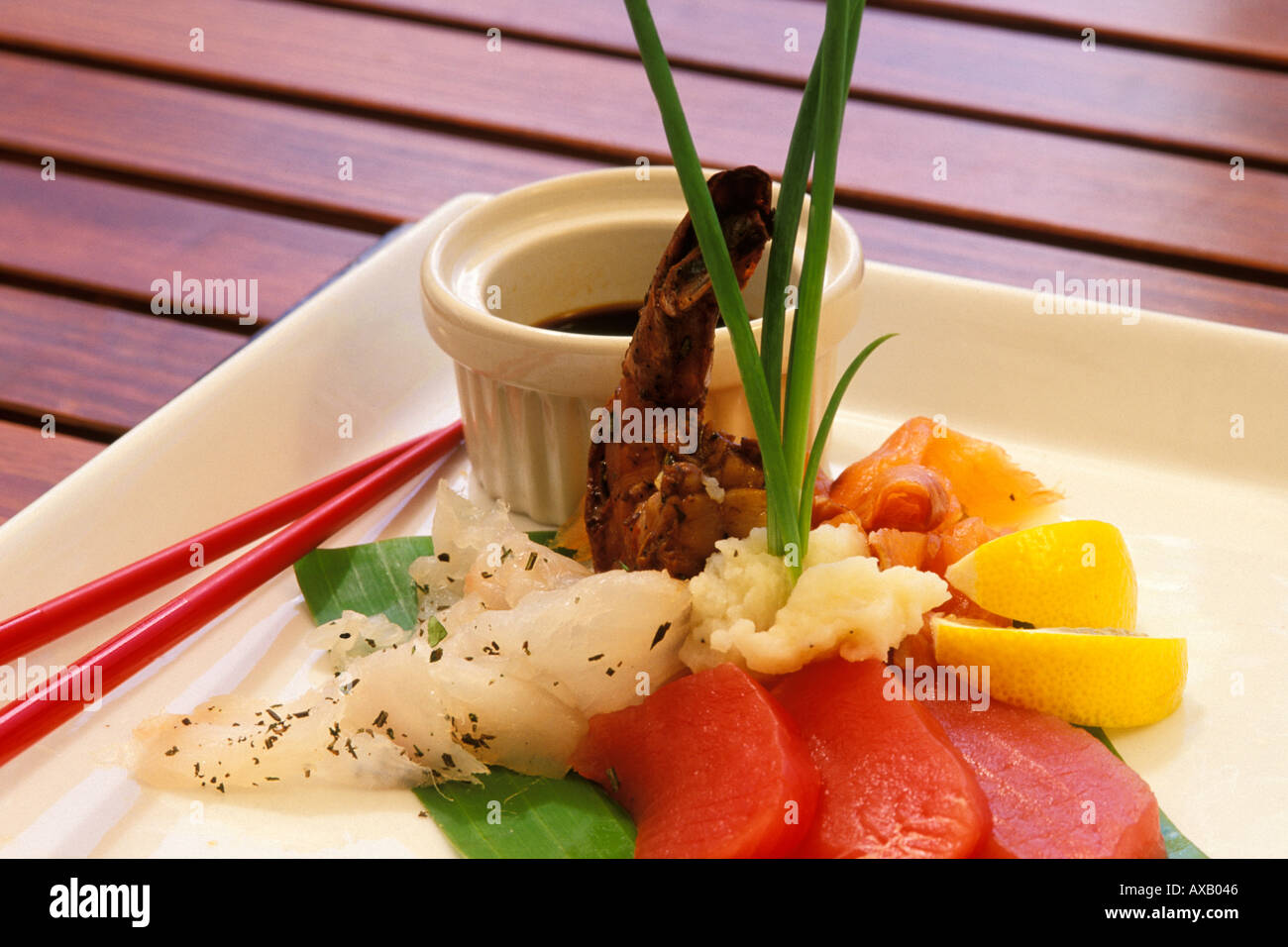 Food, Fusion of fish, tuna sashimi, snapper ceviche, grilled mahi mahi ...