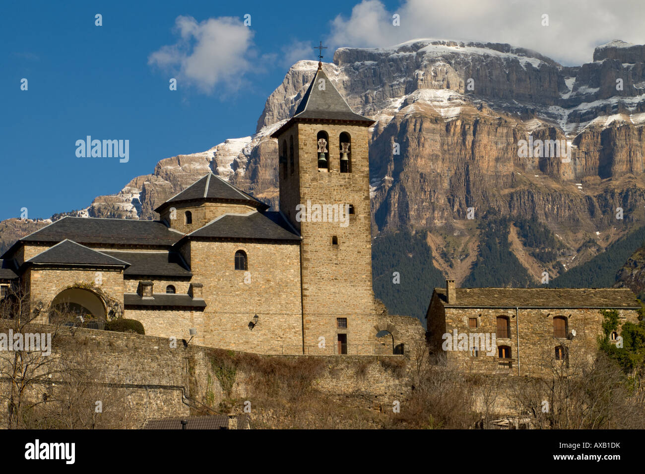Church in Torla at the bottom of Pyrenees mountain Aragon Spain Stock ...