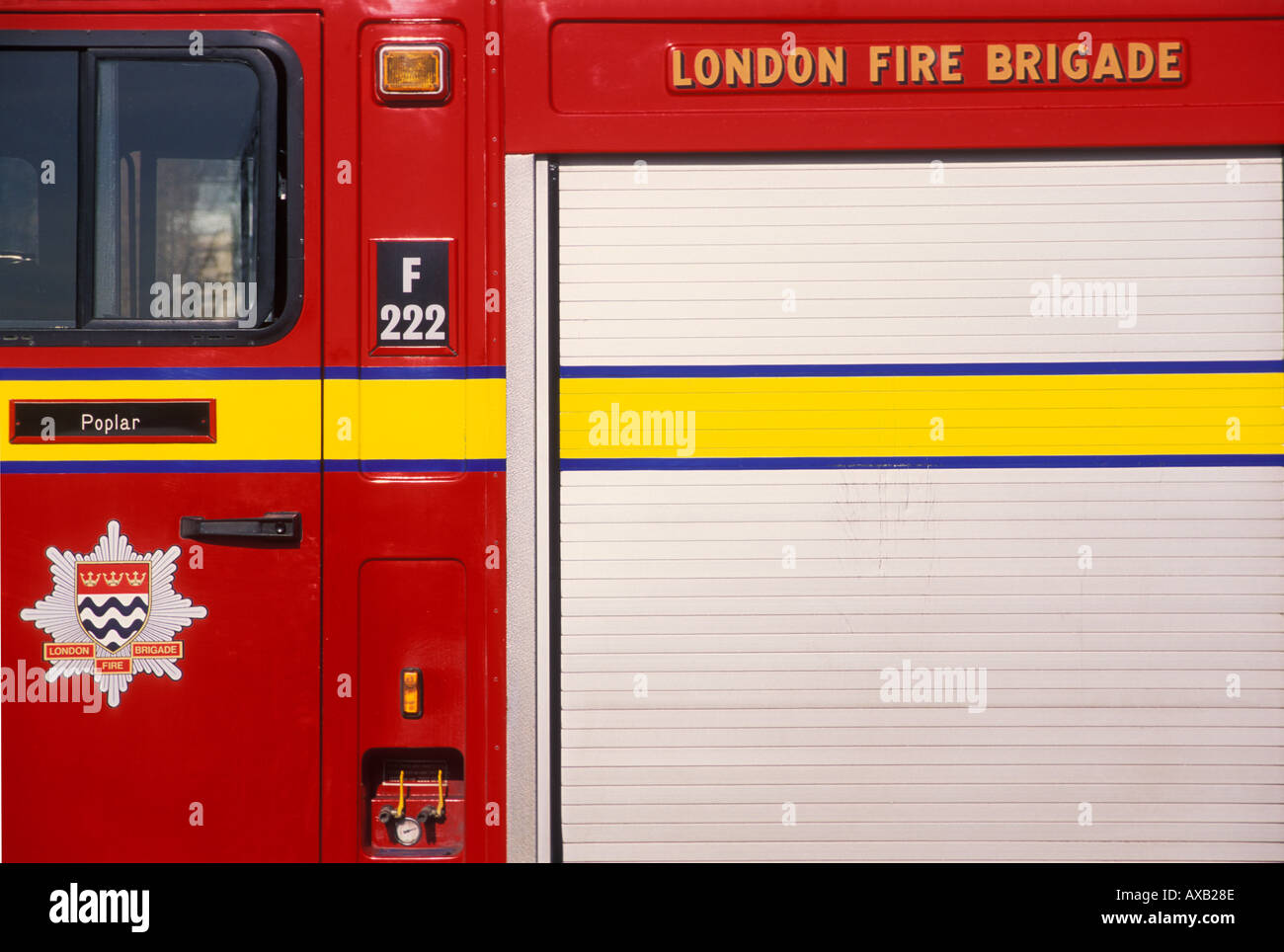 Close up of a London Fire Brigade traditional red Fire Engine England ...
