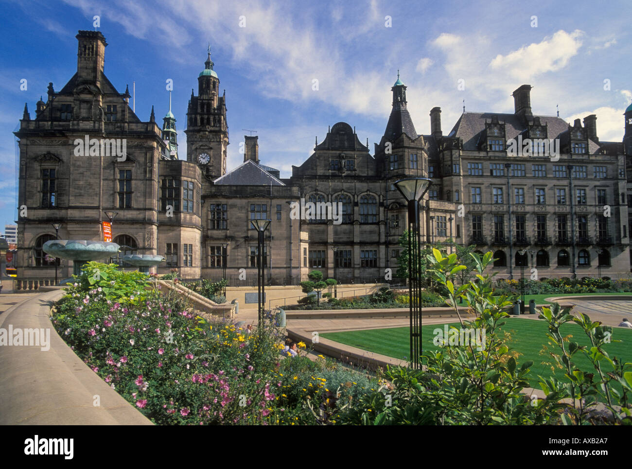The Gothic town hall and Peace gardens with new fountains Sheffield ...