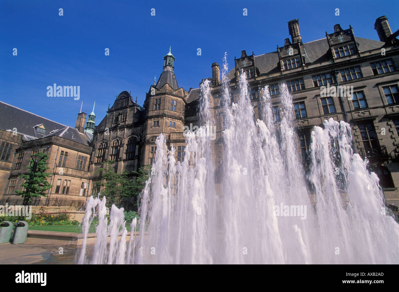 The Gothic town hall and Peace gardens with new fountains Sheffield ...