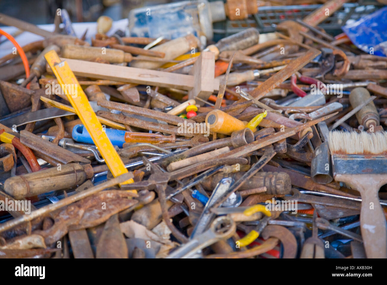 Pile of hand tools on display in flea market at St Ouen Paris France ...