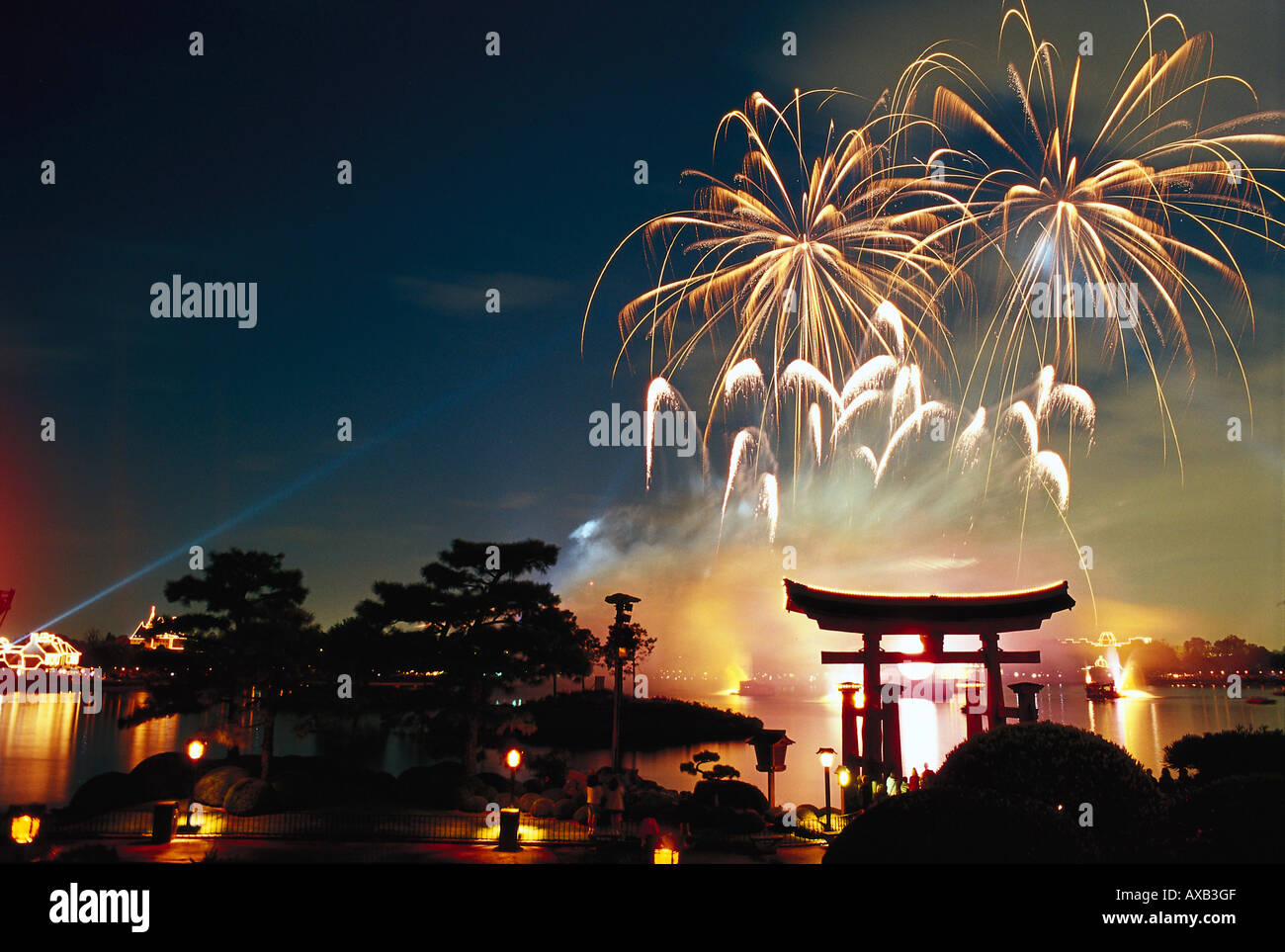 Fireworks above the lake at Epcot Center at night, Disneyworld, Orlando ...