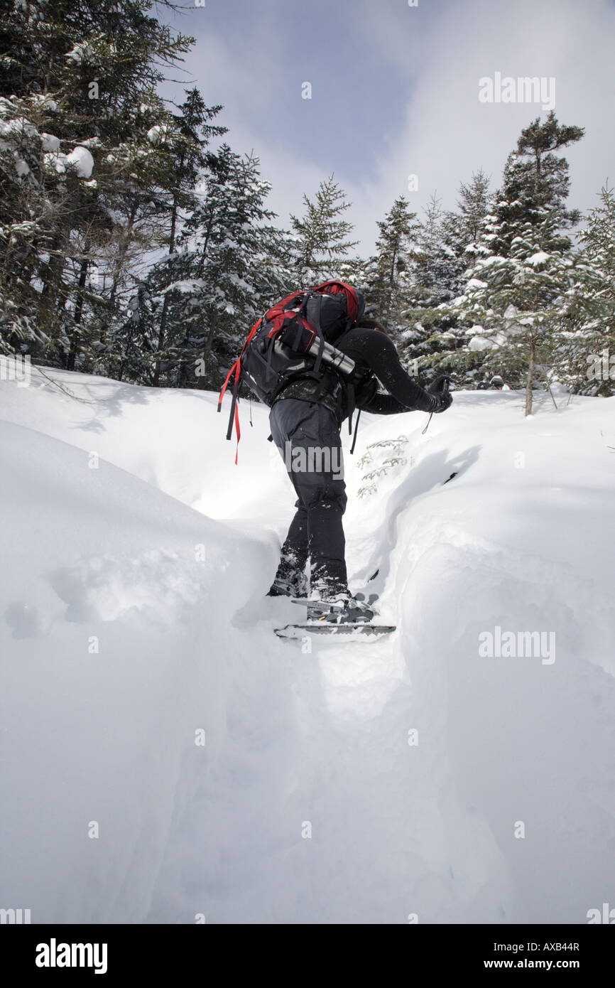 Hikers snowshoeing on the Hancock Notch Trail during the winter months ...