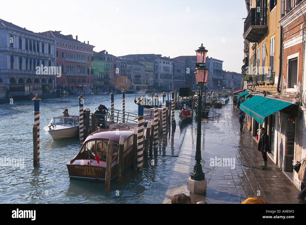 The Grand Canal and its boats at high watermark, Venice, Italy Stock ...