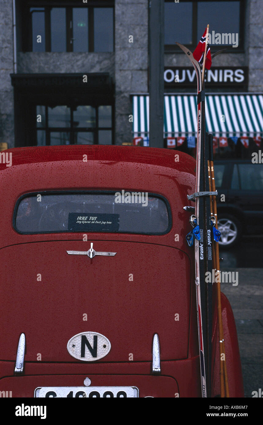 View of a red car with ski from behind, Oslo, Norway Stock Photo - Alamy