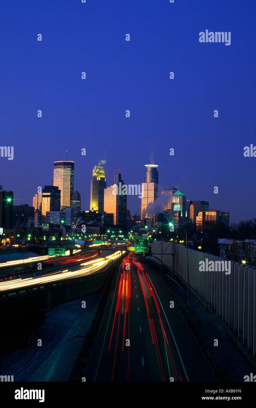 FREEWAYS AND SKYLINE OF MINNEAPOLIS, MINNESOTA,USA. WINTER EVENING ...