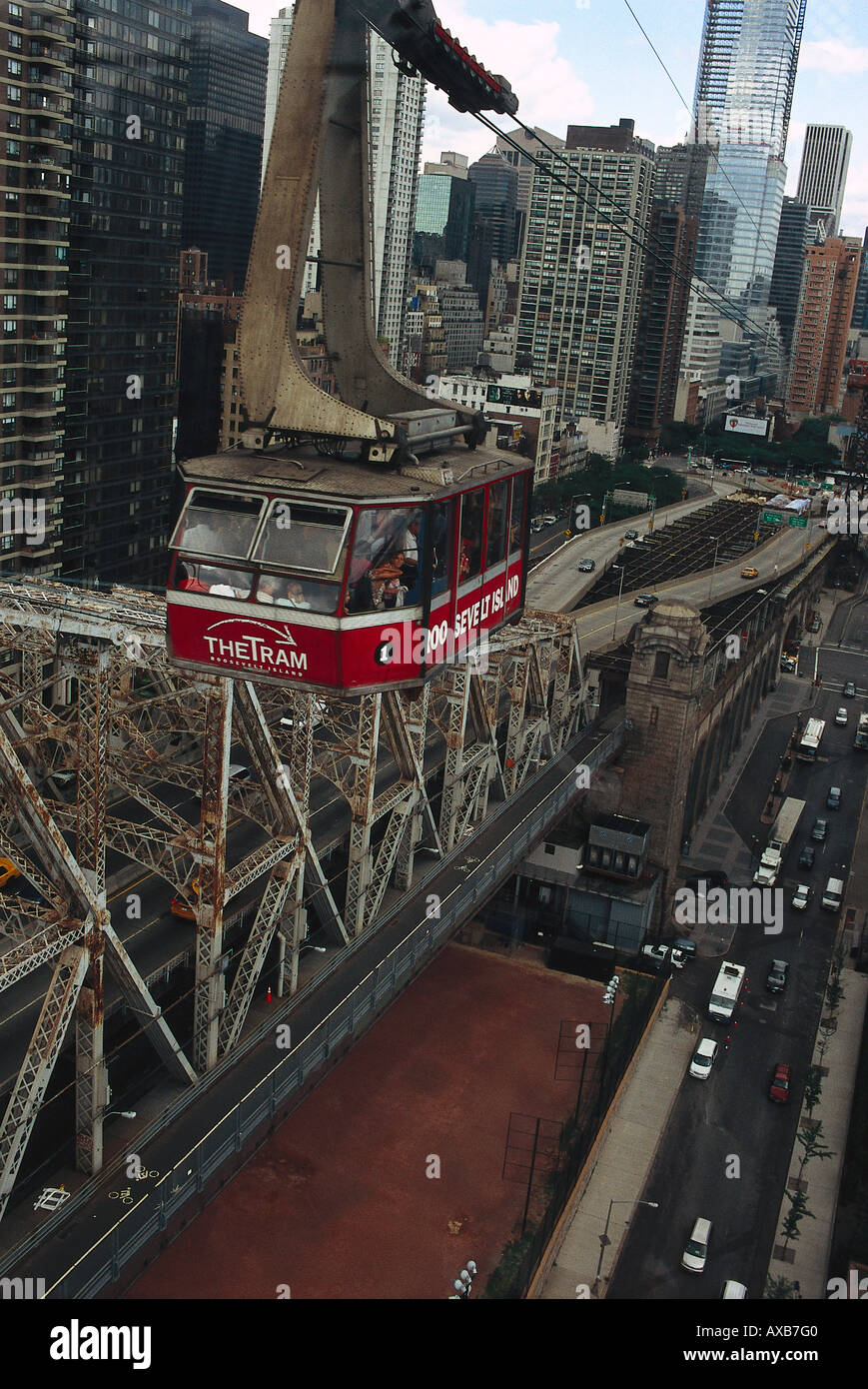 View at Roosevelt Island Tram above streets of Manhattan, New York, USA ...