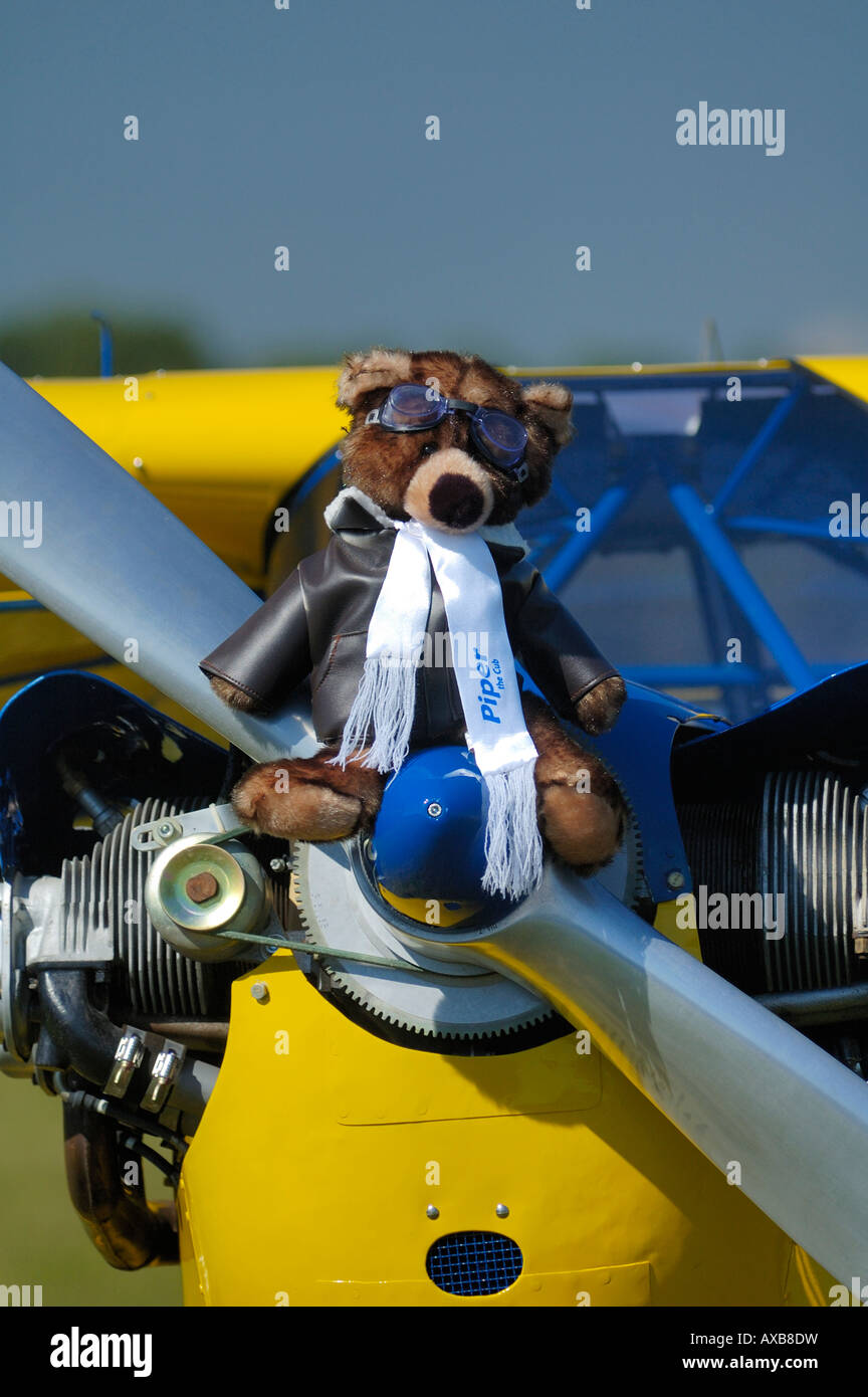 Pilot teddy bear "Cub" seated on the famous "cub" plane propeller, the ...