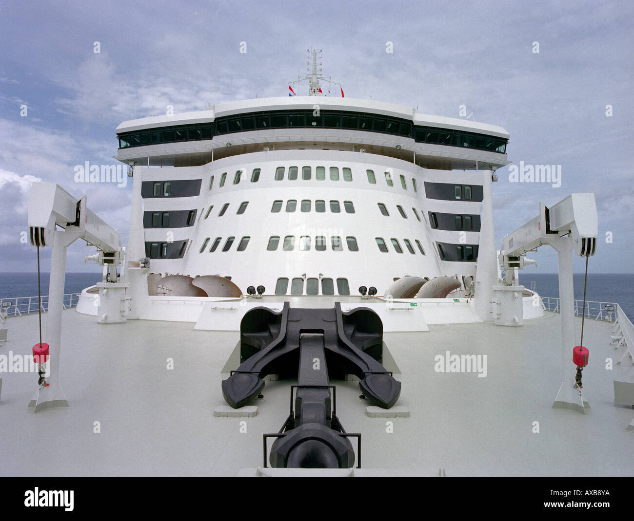 Foredeck and reserve anchor on board the cruise ship Queen May II ...