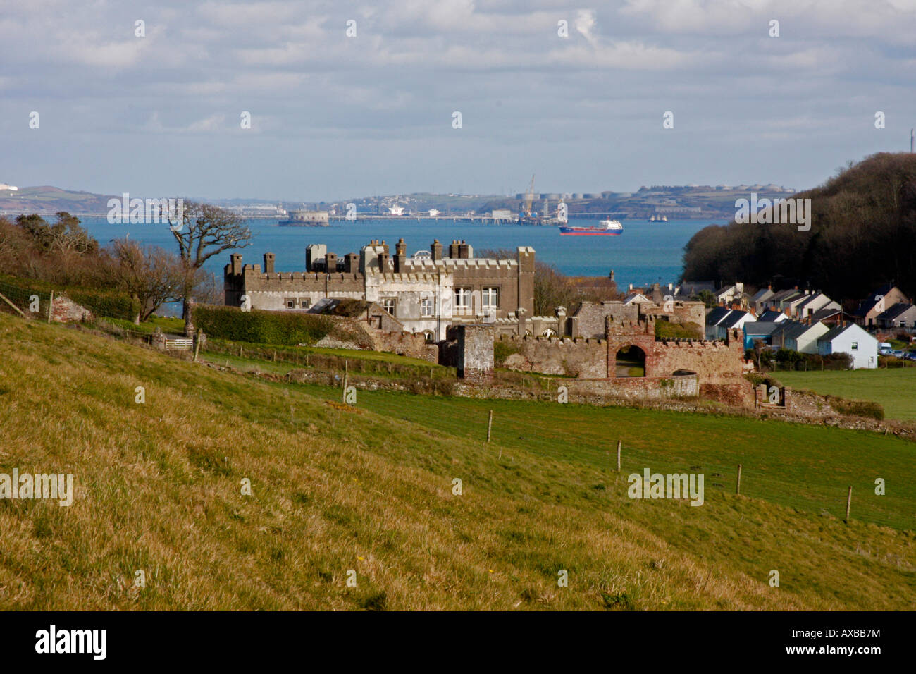 Dale castle with sea estuary in backgroung, Texaco refinery ...