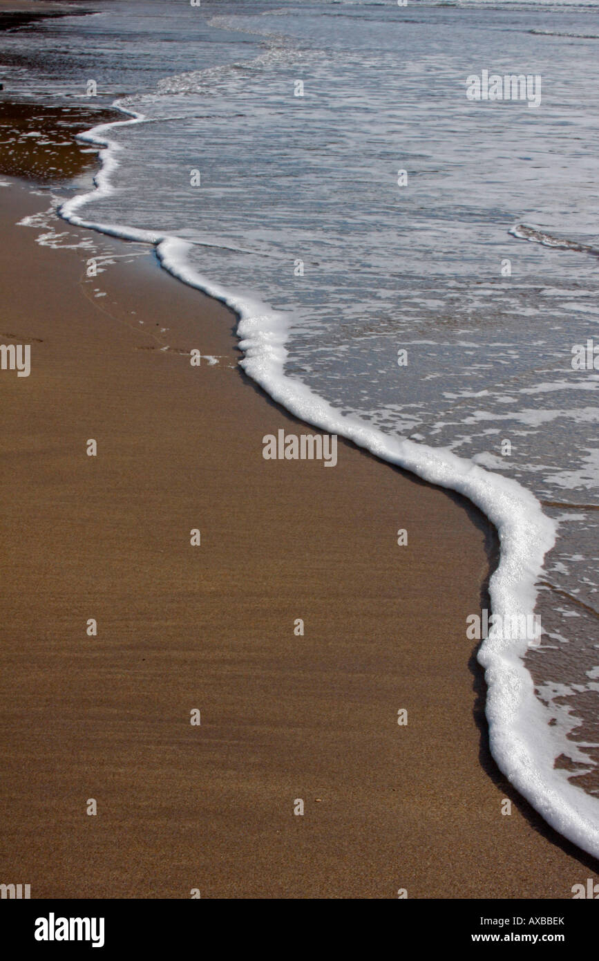 Wave covering sandy beach. froth water foam on sand. Vertical shot ...