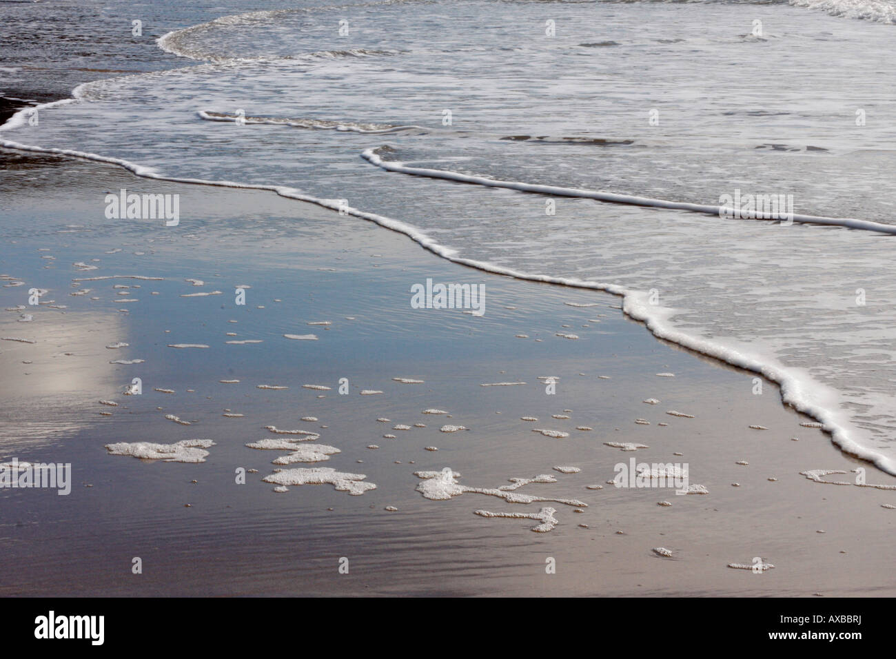 Wave on beach. Wet sand, sky reflection, froth water foam, Horizontal ...