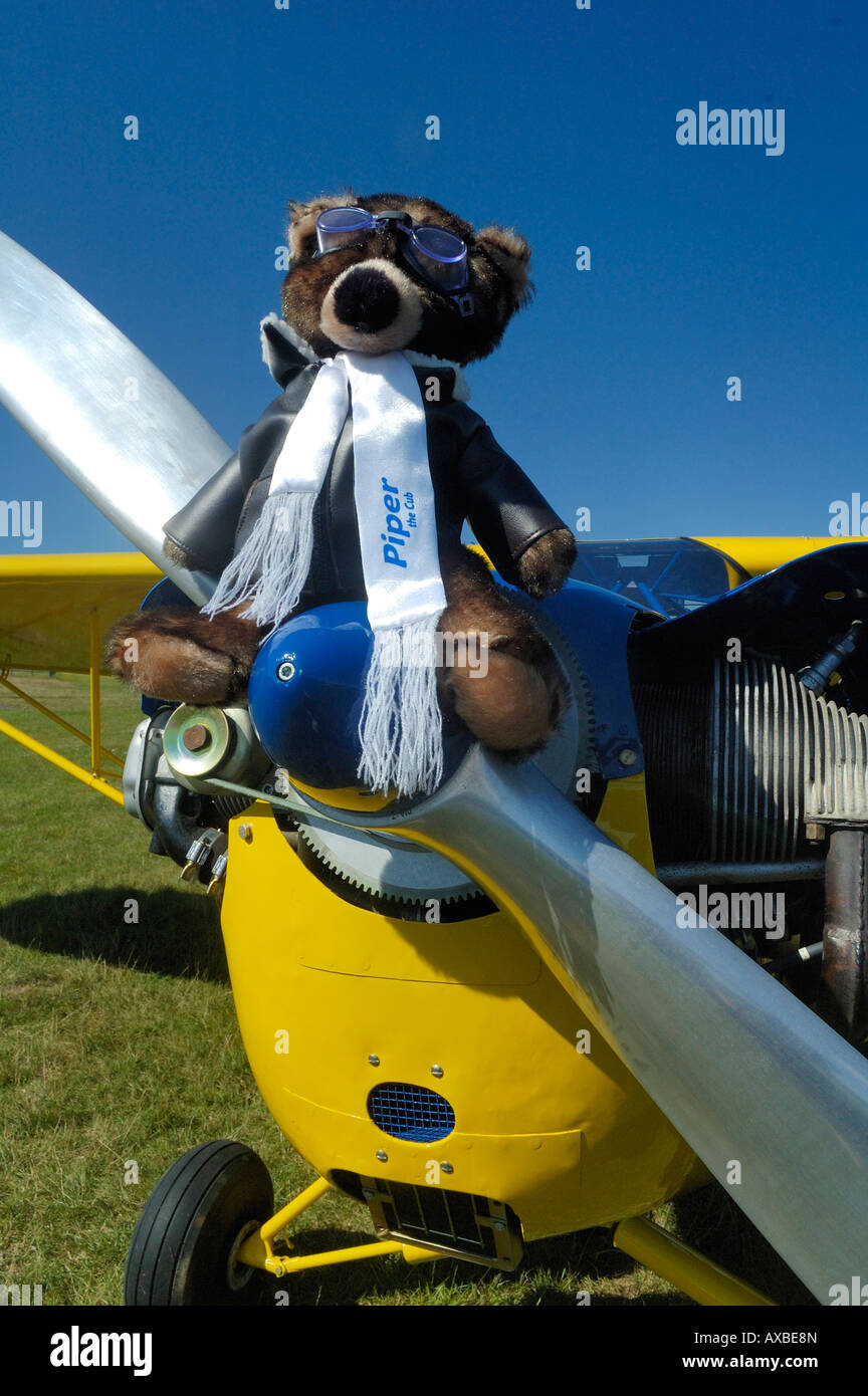 Pilot teddy bear "Cub" seated on the famous "cub" plane propeller, the ...