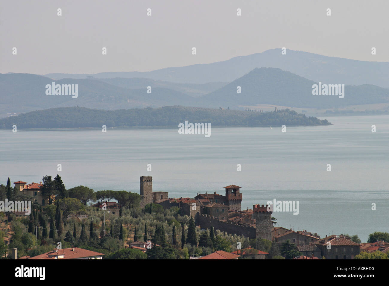Lake Trasimeno Umbria Italy view of Isola Maggiore over town of ...