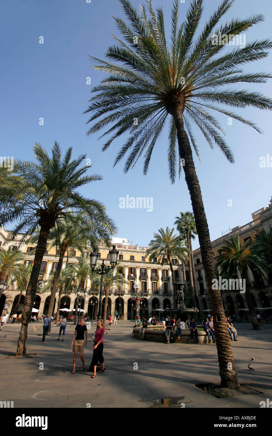 Barcelona Plaze Real palm trees tourists fountain Stock Photo - Alamy