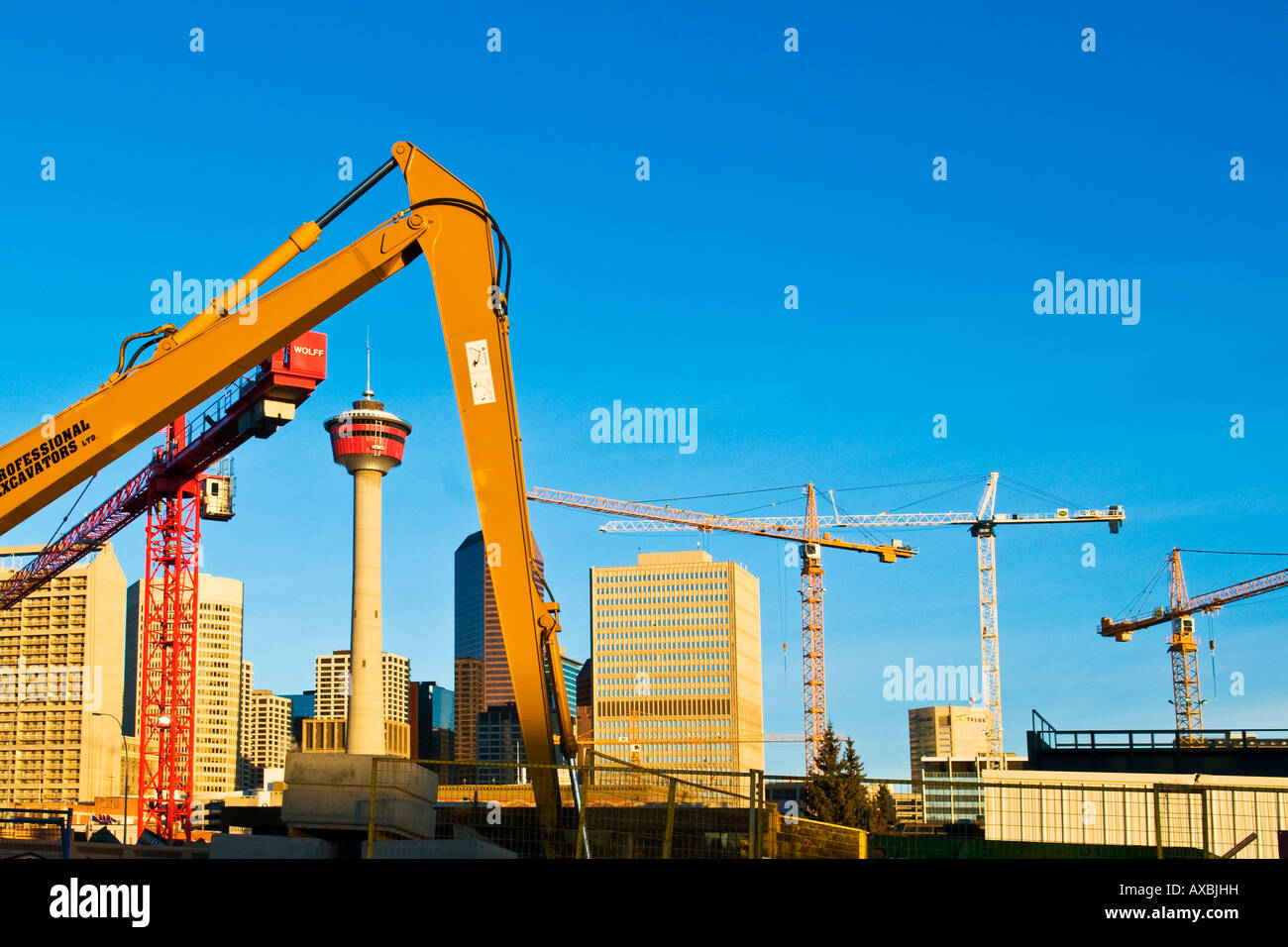 Alberta Calgary Canada city tower abstract construction crane backhoe ...