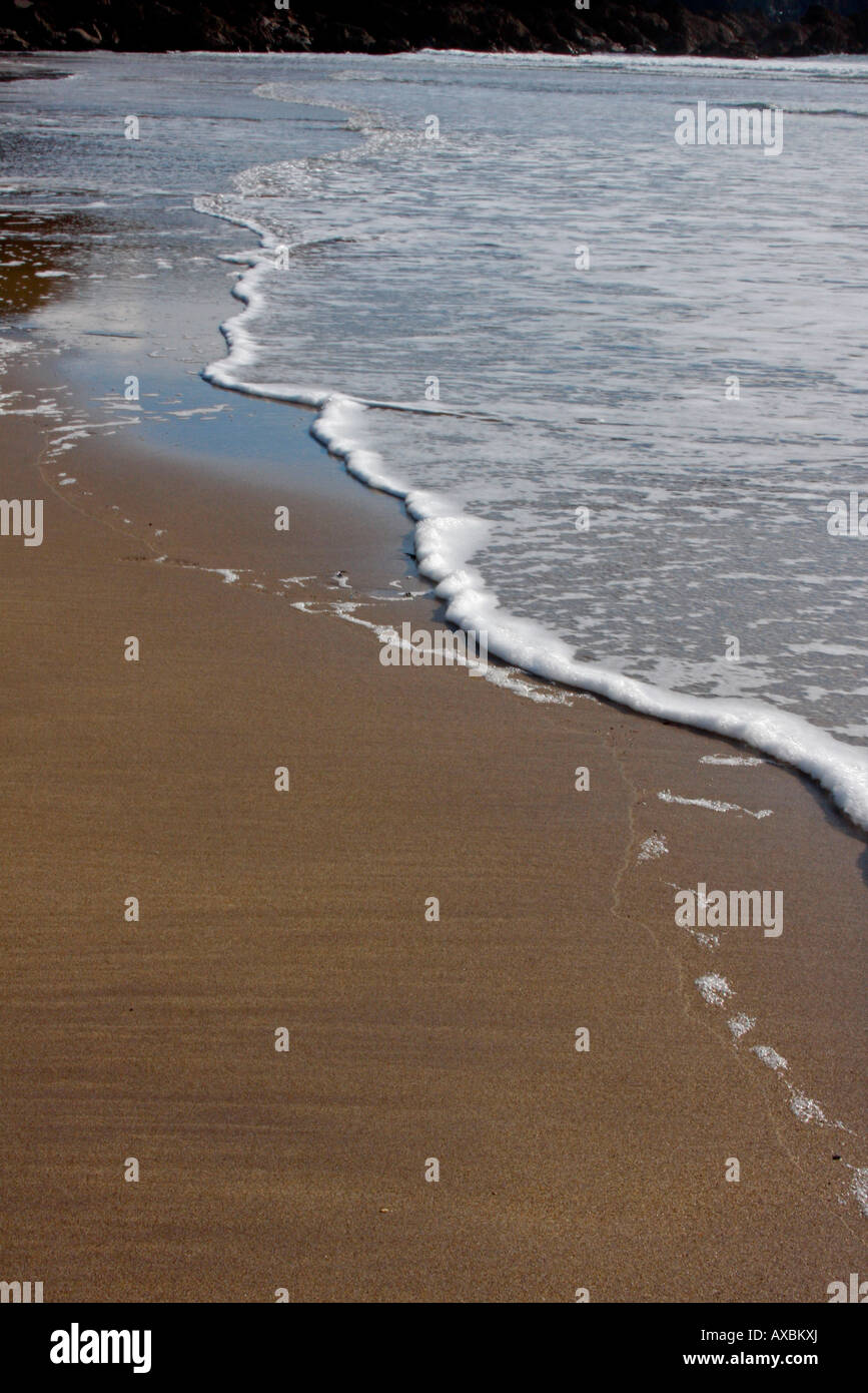 Wave covering sandy beach. froth water foam on sand. Vertical shot ...