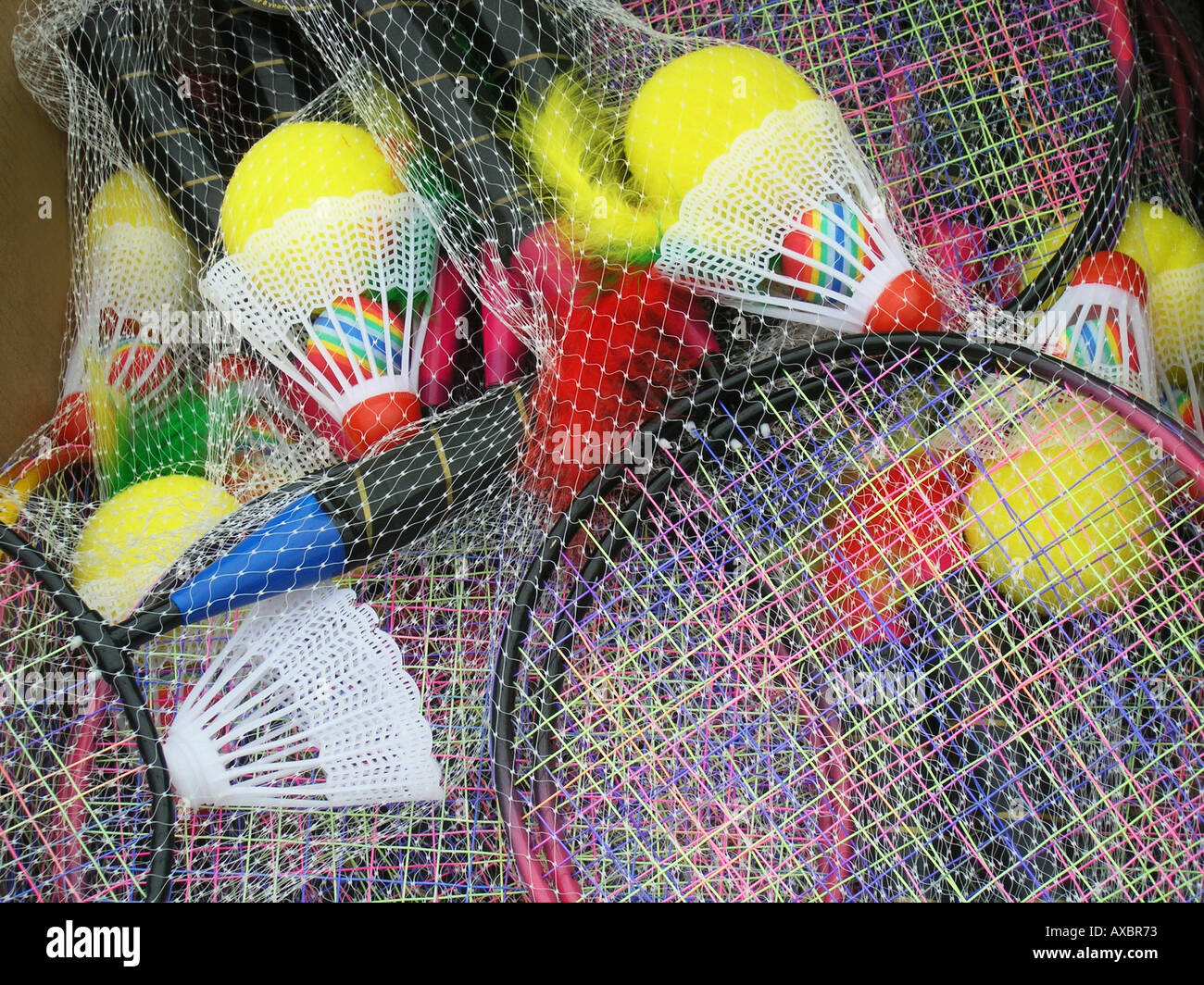 badminton equipment with rackets and shuttlecocks Stock Photo - Alamy
