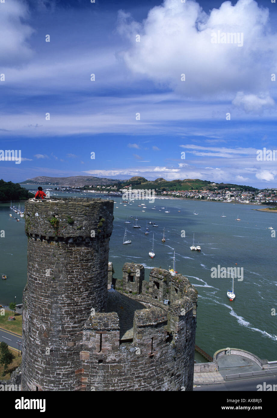 Conwy Castle People looking from tower over estuary Conwy North Wales ...