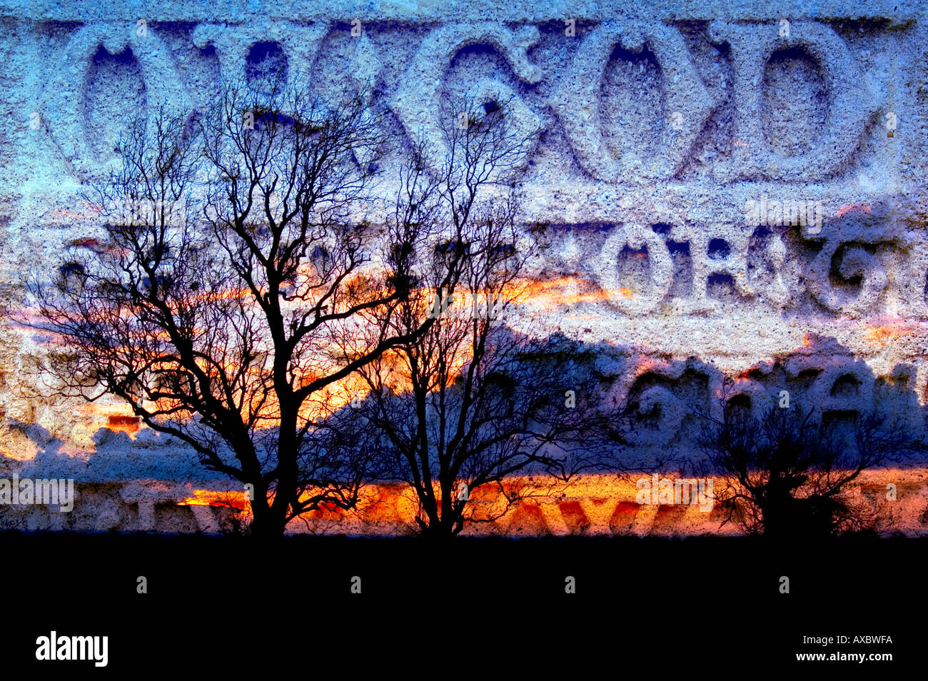 Collage of old church stone and sunset Stock Photo - Alamy