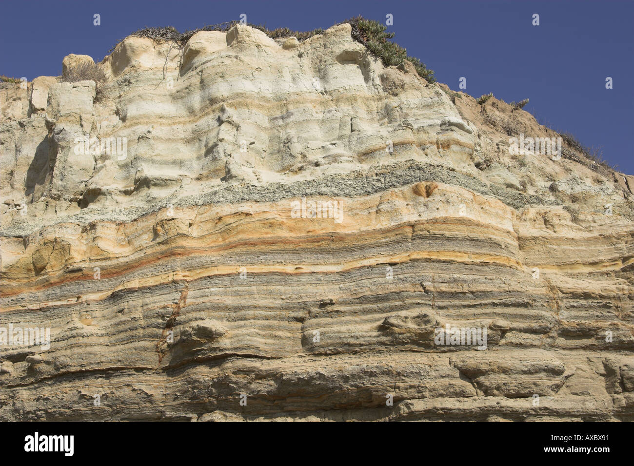 Horizontal image of striated rock formation from beach Stock Photo - Alamy