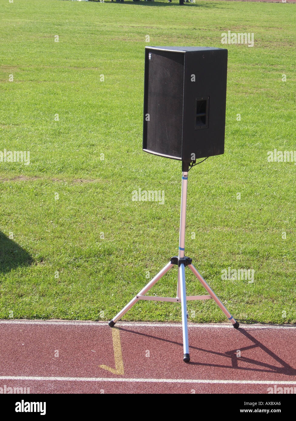 loudspeaker audio system on athletics race track Stock Photo - Alamy
