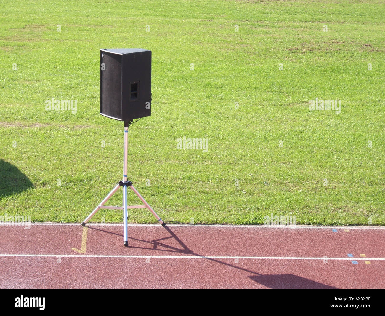 loudspeaker audio system on athletics race track Stock Photo - Alamy