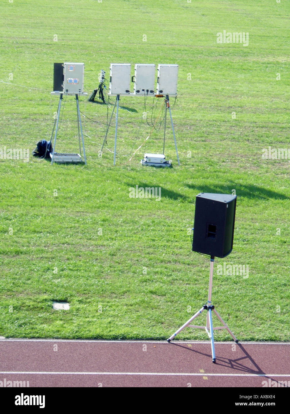 loudspeaker audio system on athletics race track Stock Photo - Alamy