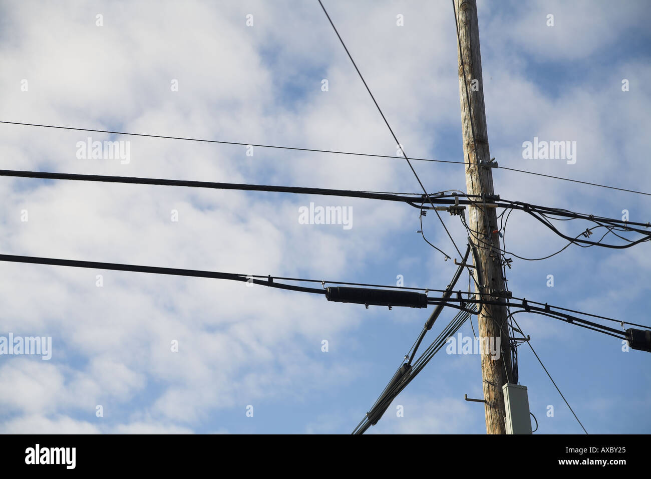 horizontal image of single utility pole and wires from low side angle ...