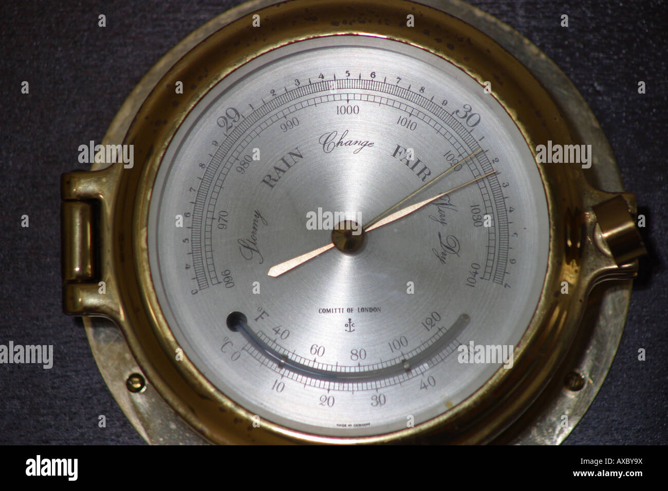 wood brass silver finish old fashioned barometer Stock Photo - Alamy