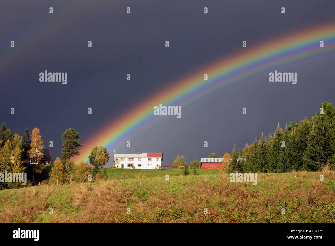 rainbow over building, Norway, Nordland Stock Photo - Alamy
