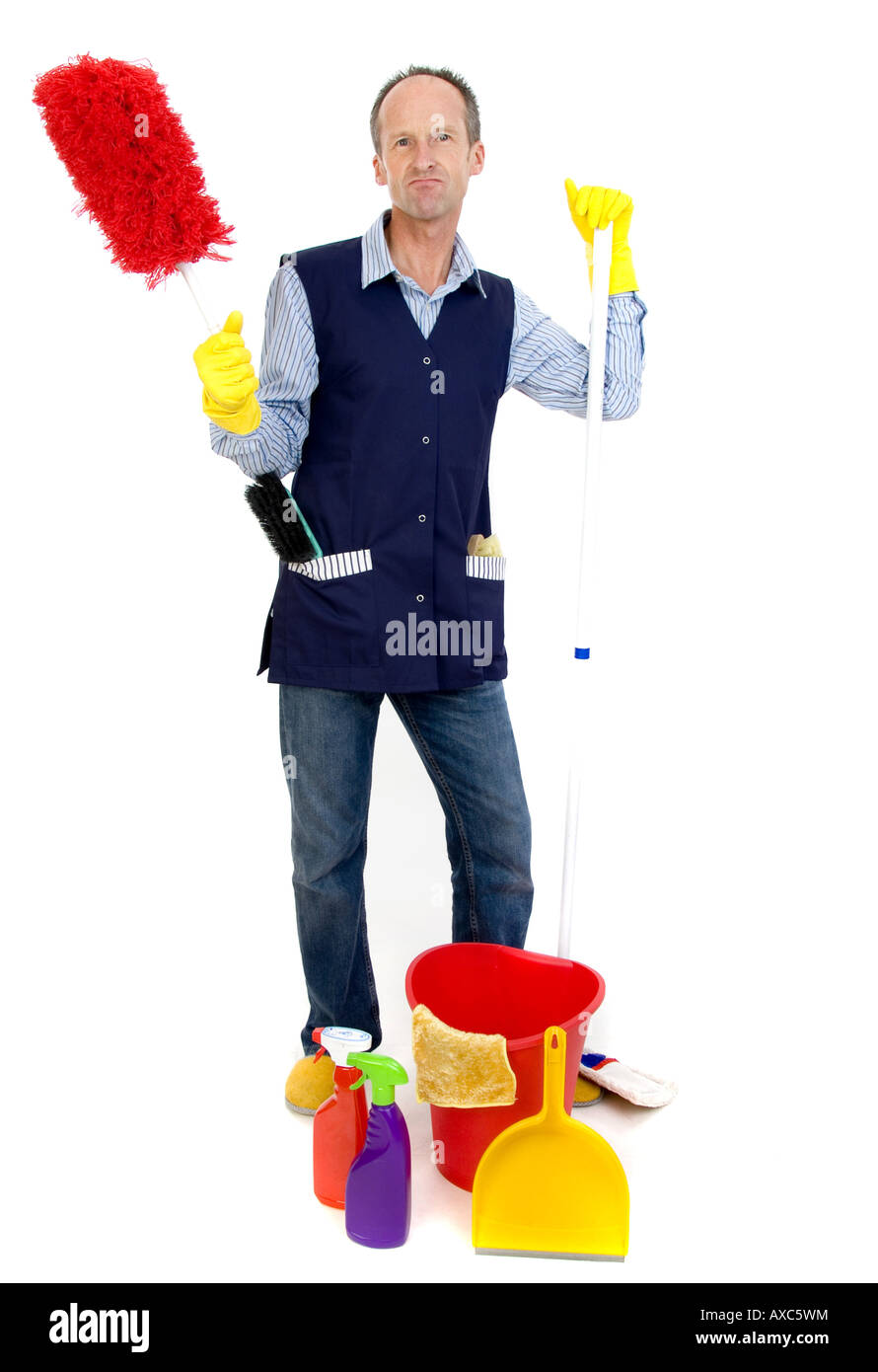 charman with bucket, cleaner, feather duster, dust pan and brush Stock ...