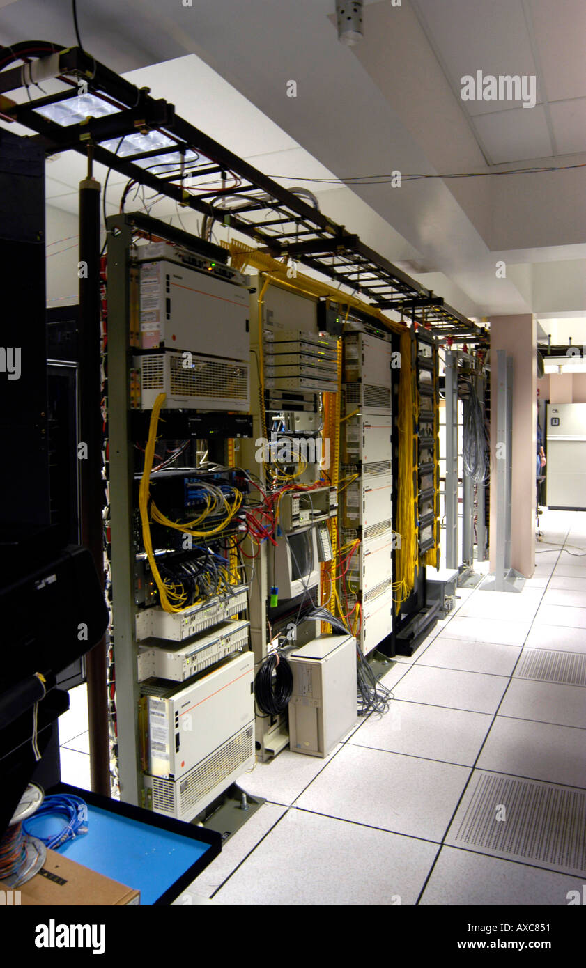 Interior view of telecommunications network computer switching center ...