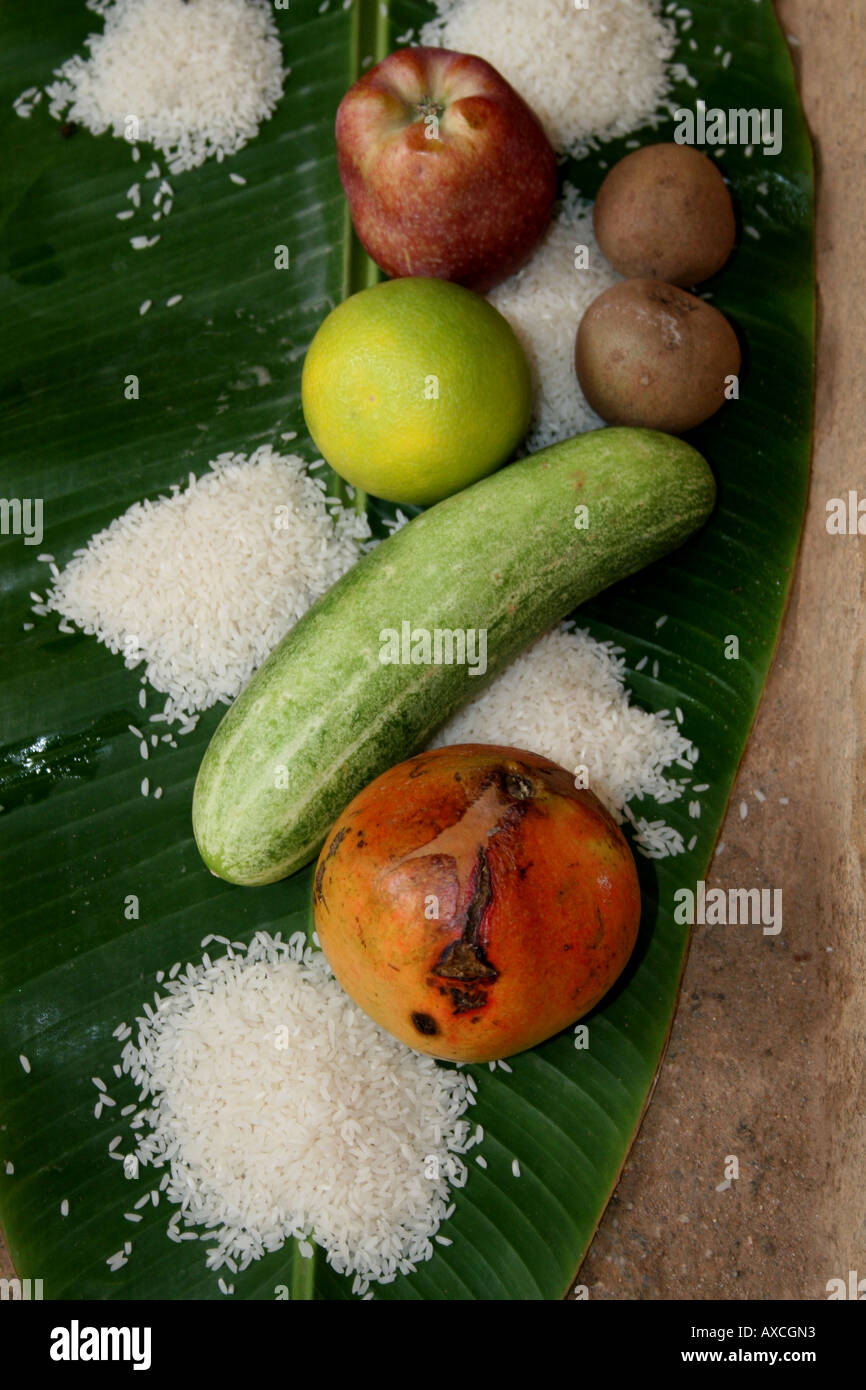 Fruit and rice offerings for Durga Dasara Festival, Bangalore, India ...
