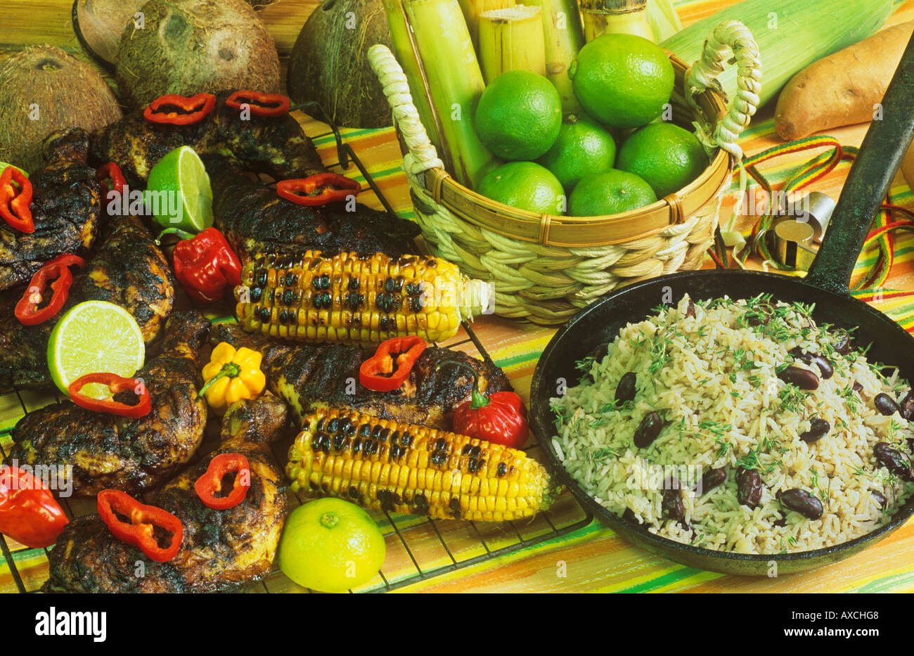 Caribbean food Jerk chicken with rice and red peas Stock Photo - Alamy